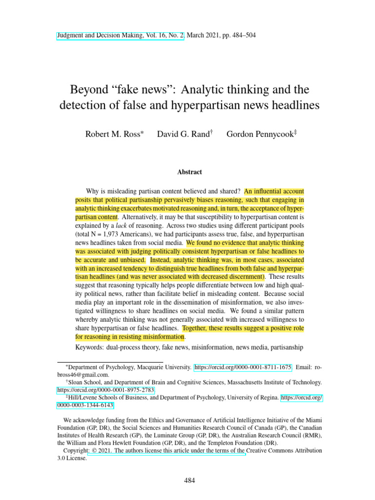 Beyond Fake News - Analytic Thining and The Detection of False and ...