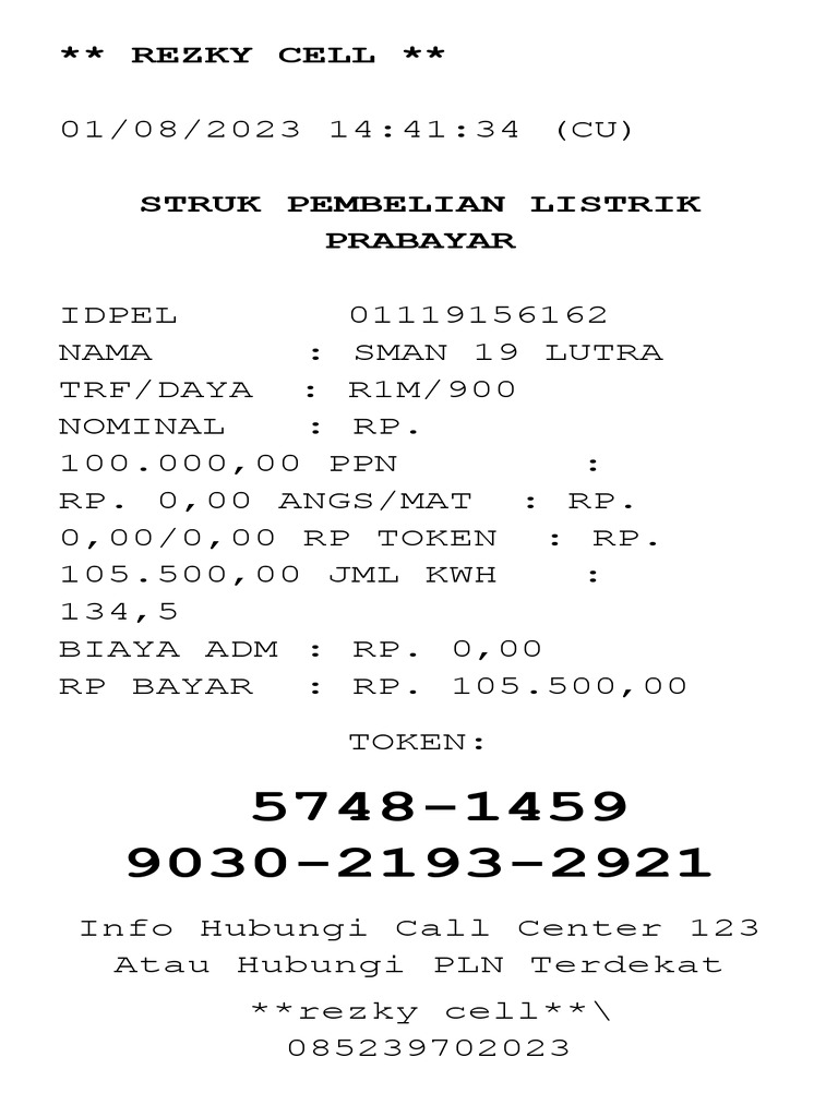 Contoh Struk Token Listrik | PDF
