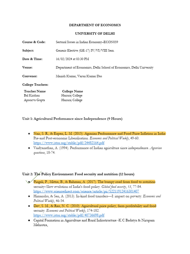 Sectoral Issues in Indian Economy ECON059 | PDF | Economies