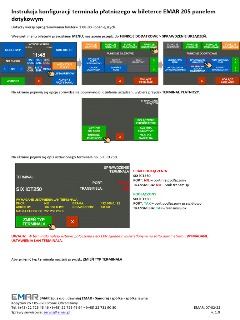 Instrukcja Konfiguracji Terminala W Bileterce EMAR 205 Z Panelem Dotykowym V 1.0 | PDF
