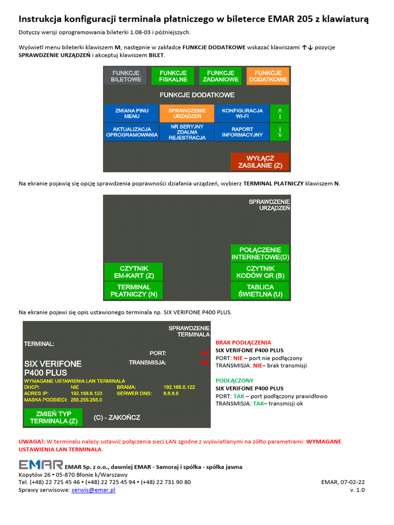 Instrukcja Konfiguracji Terminala W Bileterce EMAR 205 Z Klawiaturą V 1.0 | PDF
