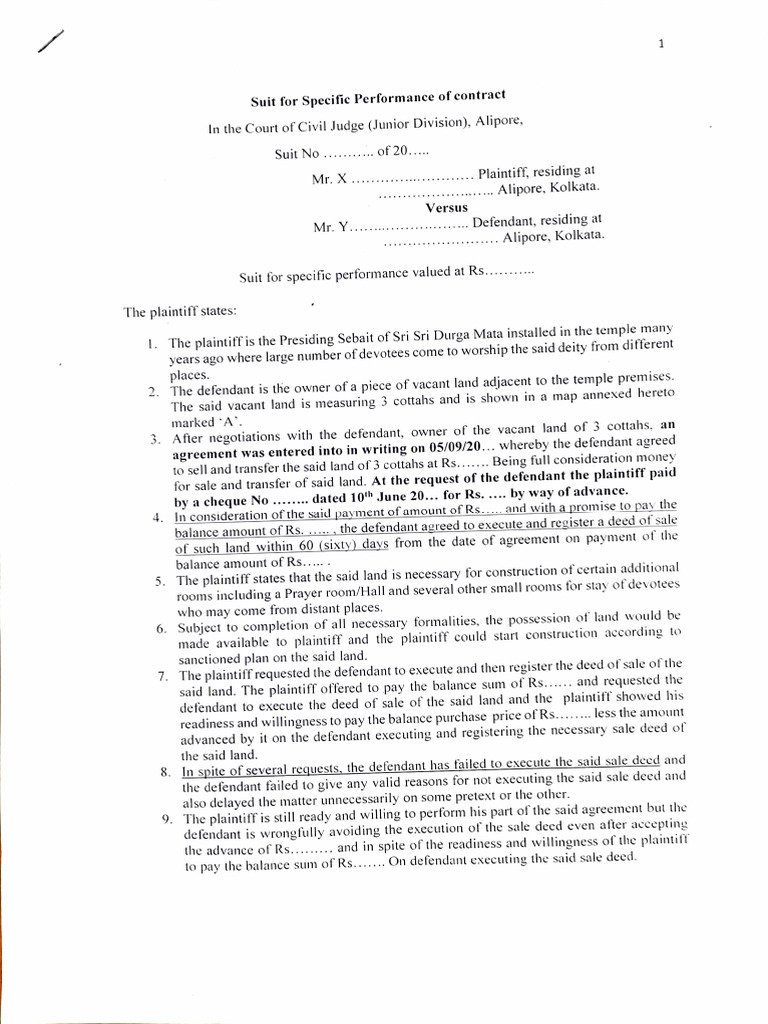 Specific Performance Act Plaint | PDF | Legal Remedy | Lawsuit