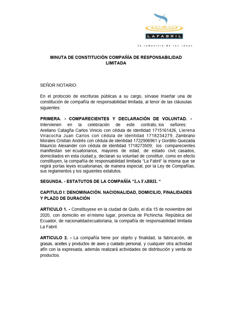 Minuta de Constitucion Cia Ltda2 | PDF | Gobierno