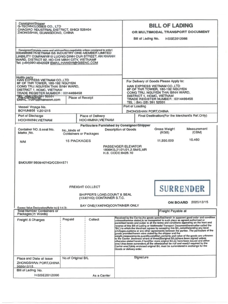 BILL OF LADING OR MULTIMODAL TRANSPORT DOCUMENT Bill of Lading No ...