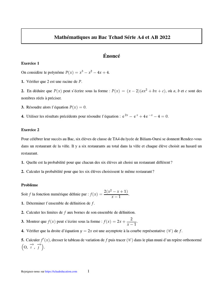Mathématiques Bac Tchad Série A4 2022 | PDF