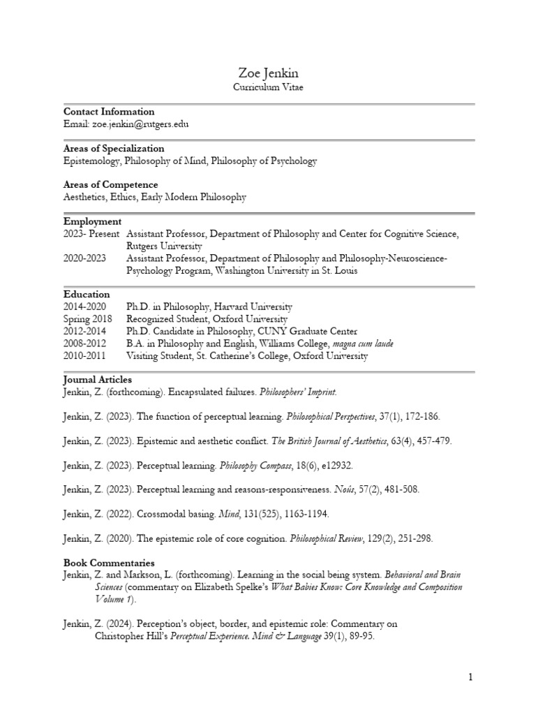 Zoe Jenkin CV 5 | PDF | Epistemology | Cognitive Science