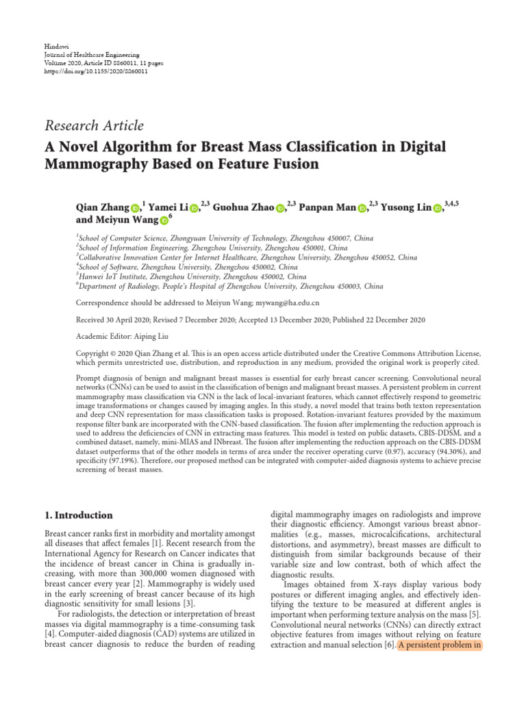 A Novel Algorithm For Breast Mass Classification I | PDF | Mammography ...