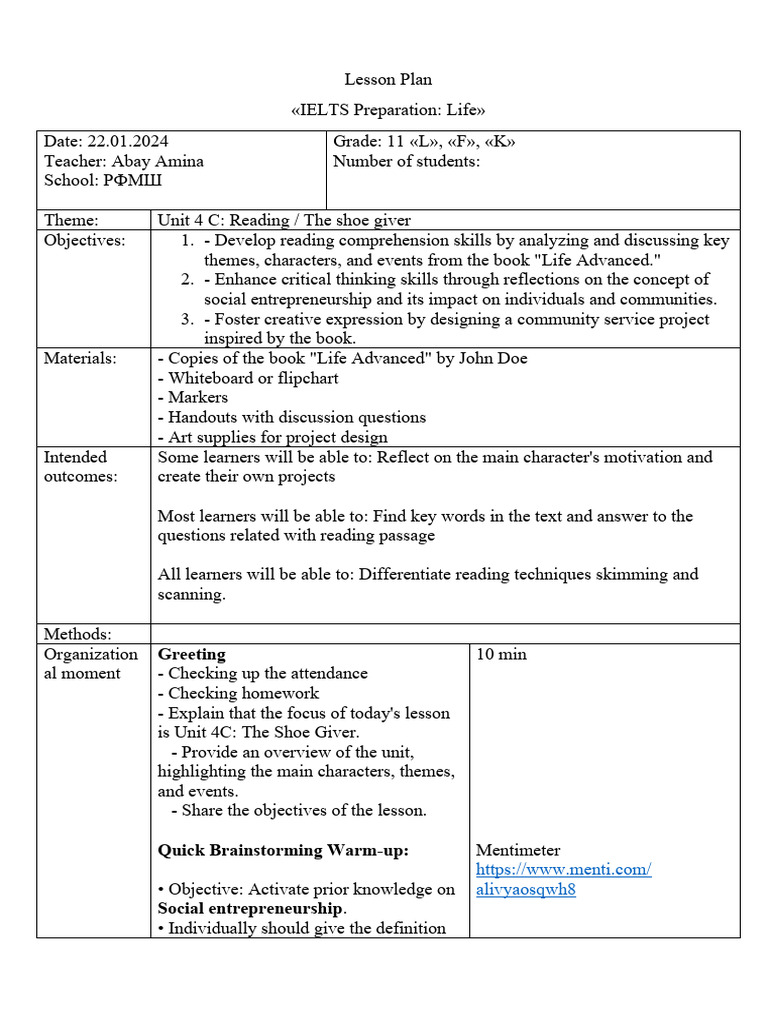 Lesson Plan 11 IELTS | PDF | Lesson Plan | Reading Comprehension