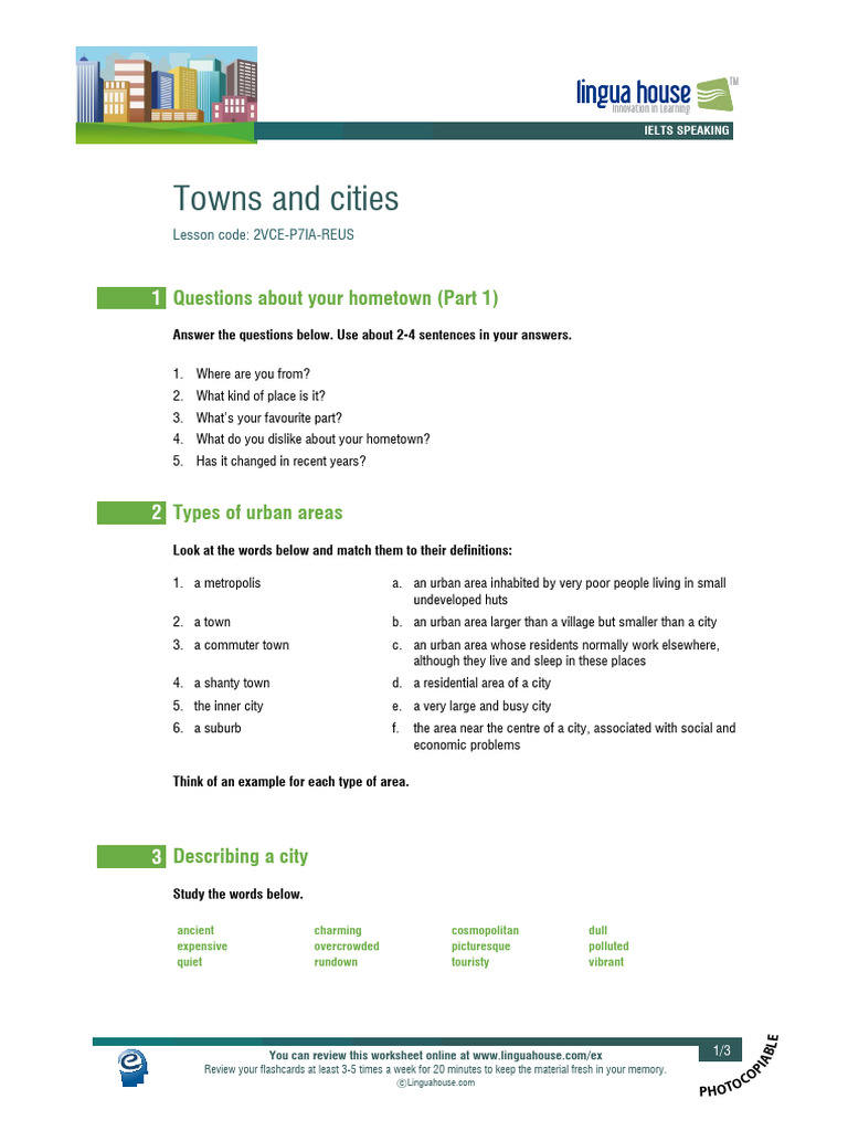 Towns and Cities Ielts Speaking Part 1 31 | PDF | Learning | Cognition