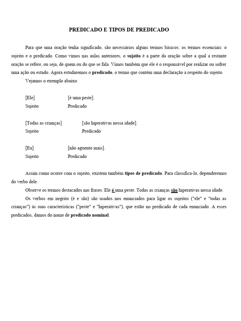 Predicado e Tipos de Predicado | PDF | Assunto (gramática) | Predicado (gramática)