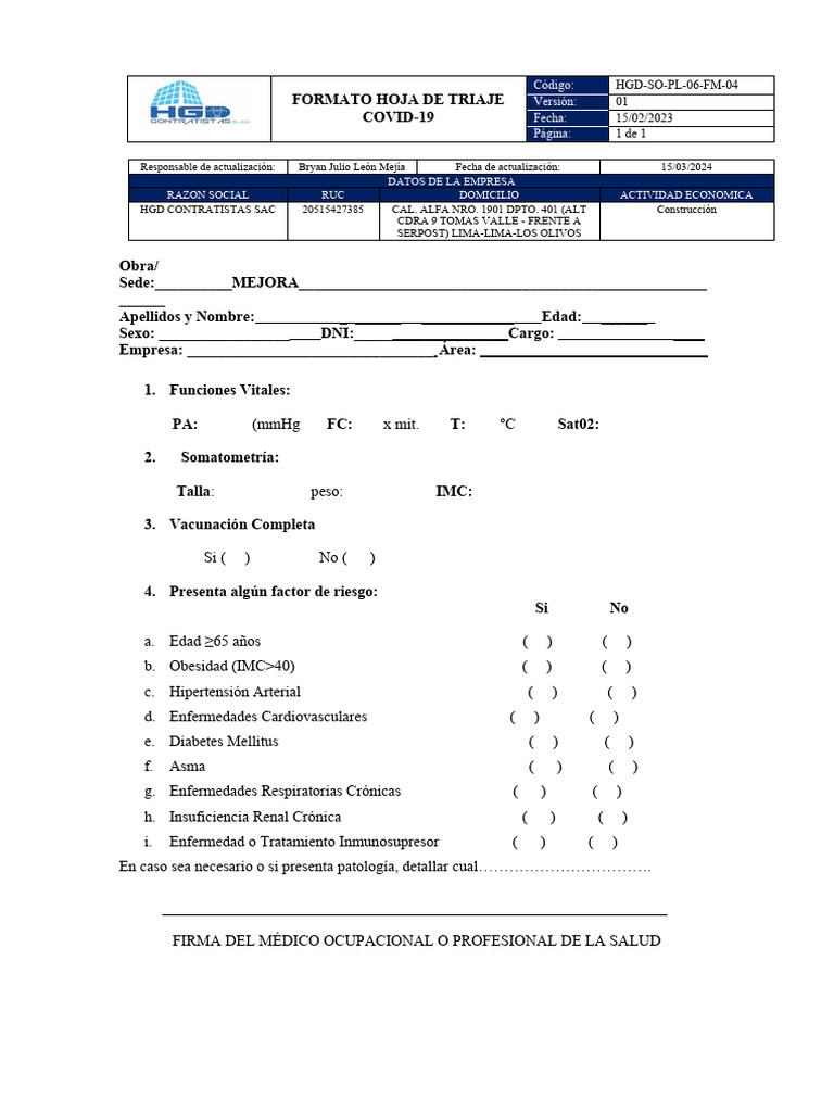 Formato de Triage COVID-19 HGD 2023 | PDF | Cuidado de la salud | Salud ...