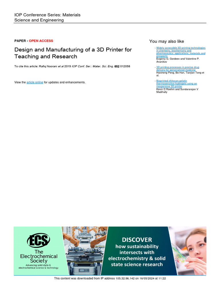 Design and Manufacturing of a 3D Printer for Teaching and Research | PDF | 3 D Printing | Extrusion