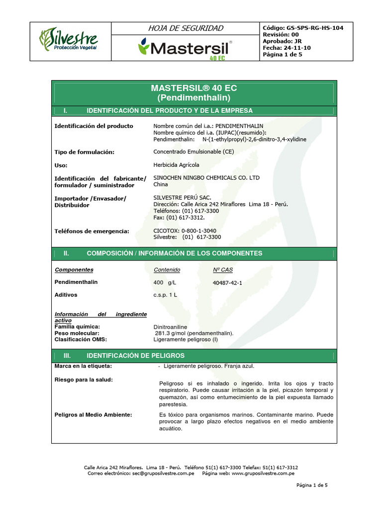 MASTERSIL_ HOJA SEGURIDAD | PDF | Agua | Residuos