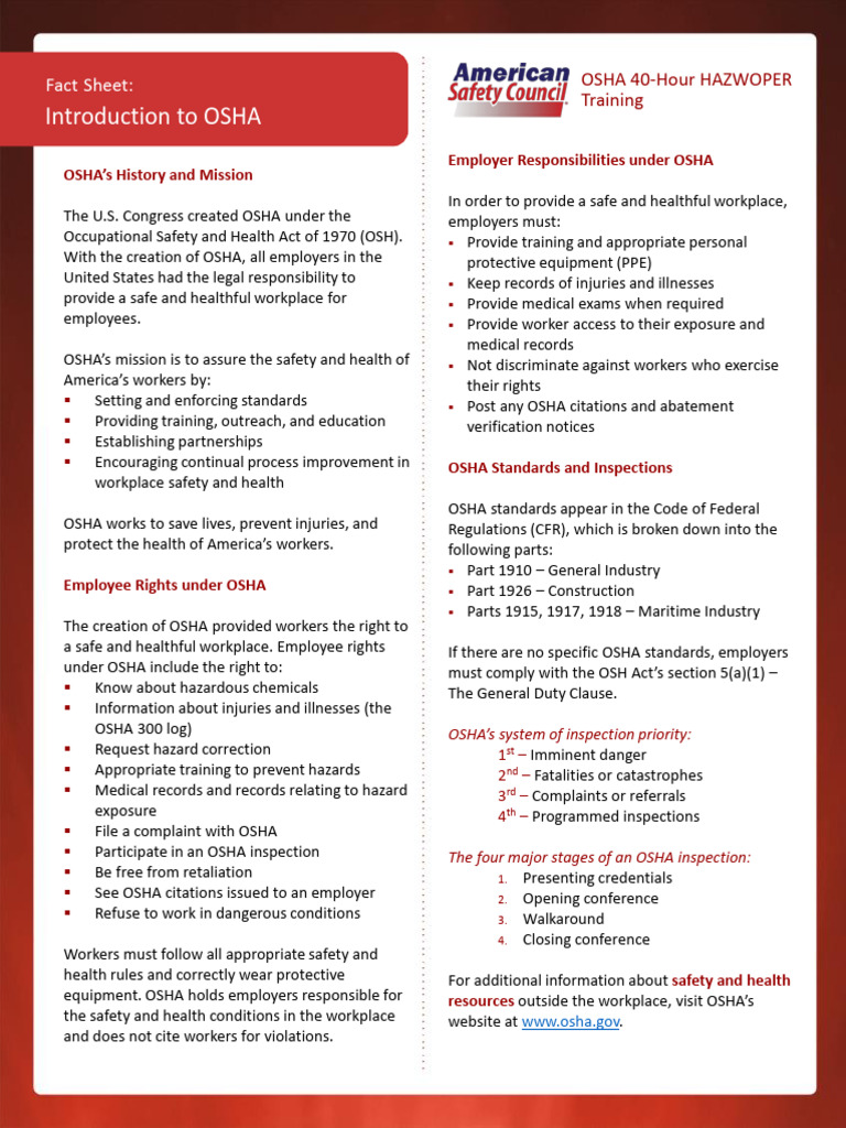 40haz - 01 Intro To OSHA | PDF | Occupational Safety And Health ...