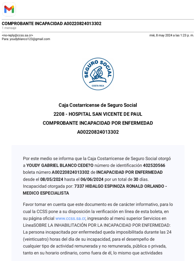 Comprobante de Incapacidad CCSS | PDF