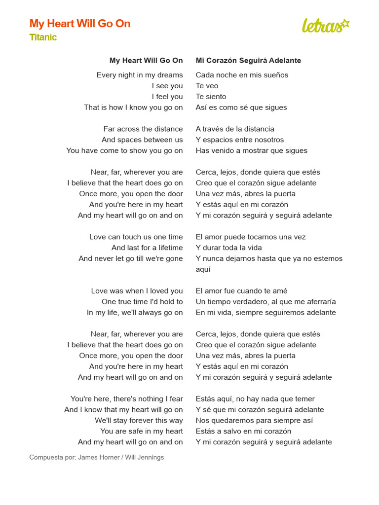 My Heart Will Go On (Traducción) - Titanic (Impresión) | Descargar gratis PDF | Música grabada ...