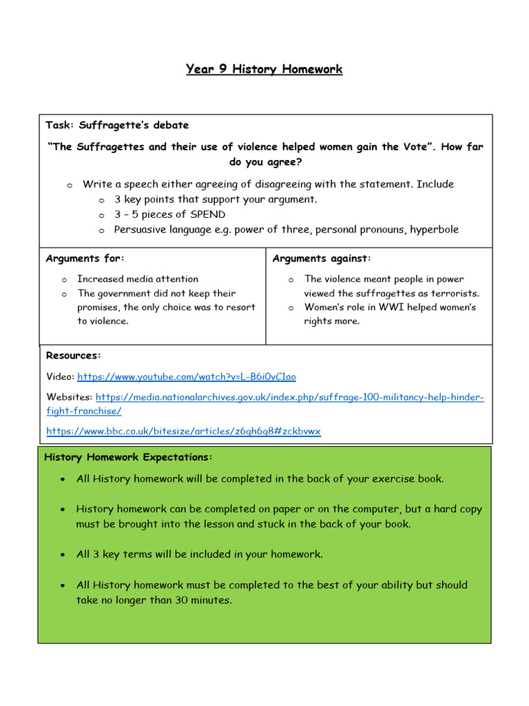 Year 9 Suffragettes Homework | PDF