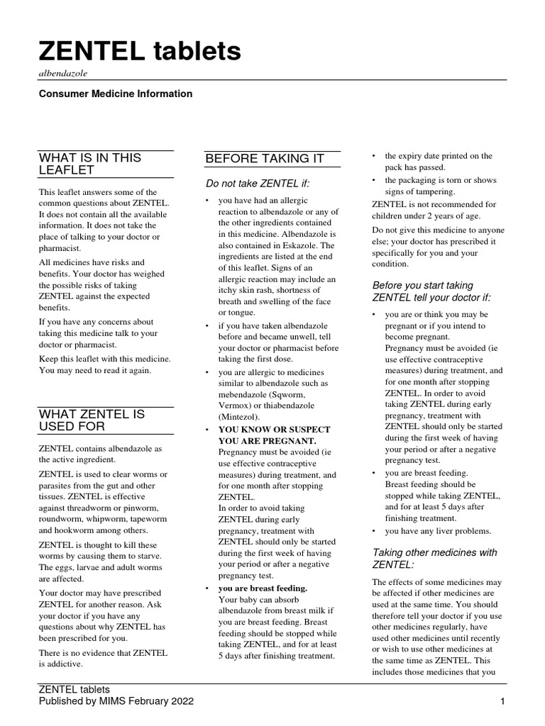 ZENTEL Tablets: What Is in This Leaflet Before Taking It | PDF | Dose ...
