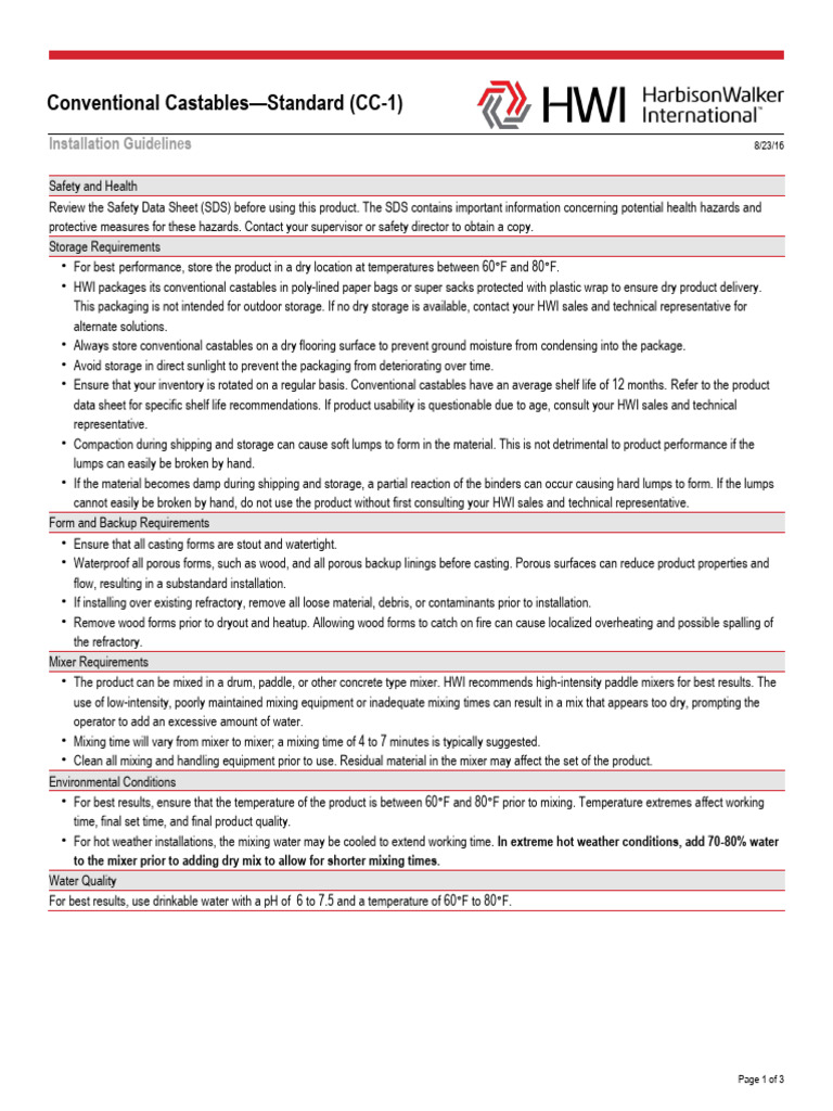 Installation CC1 Conventional Castables - Standard | PDF | Water ...