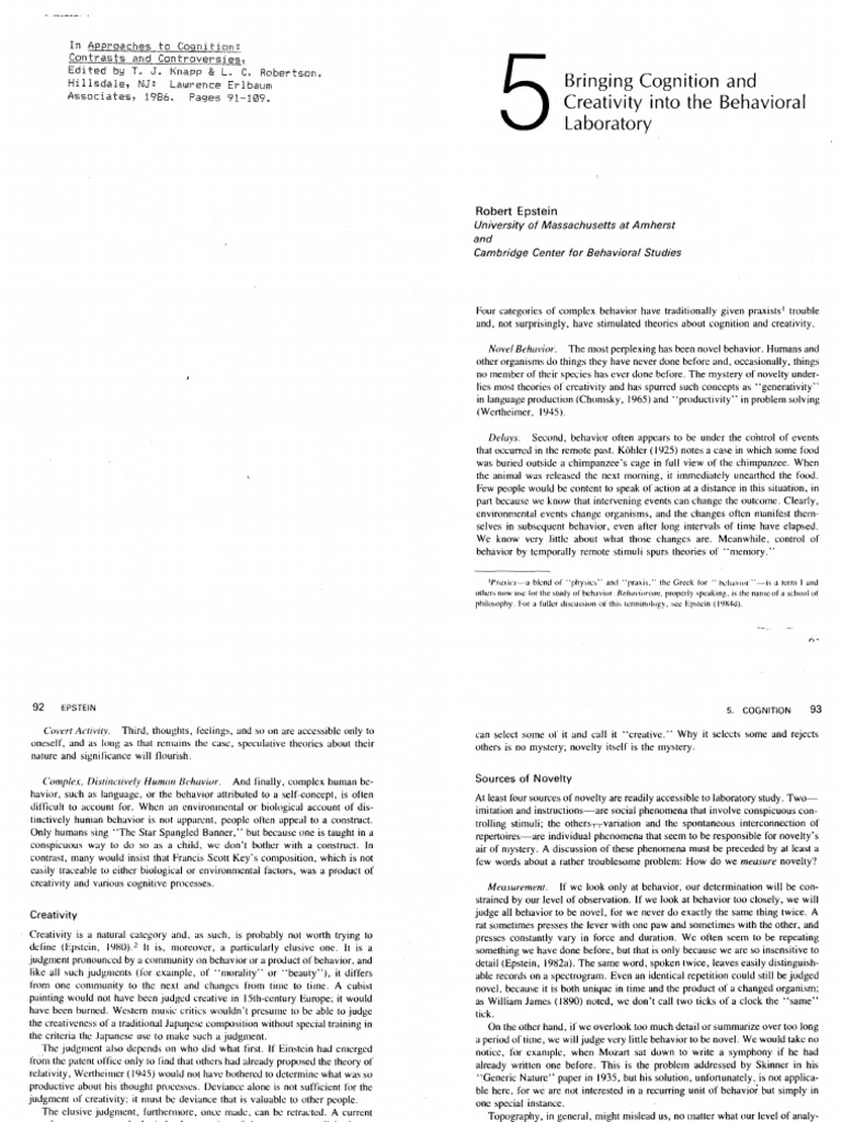 Epstein, 1986 - Bringing Cognition and Creativity Into Behavioral ...