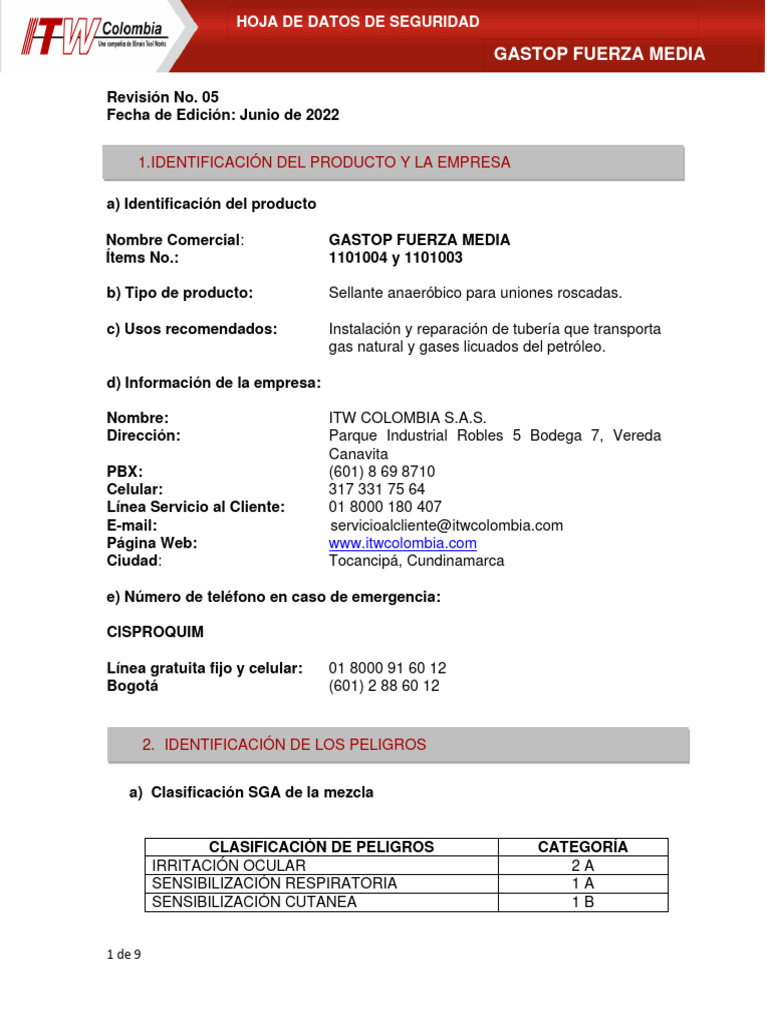 Hoja de Seguridad Gastop Fuerza Media | PDF | Combustión | Dióxido de ...