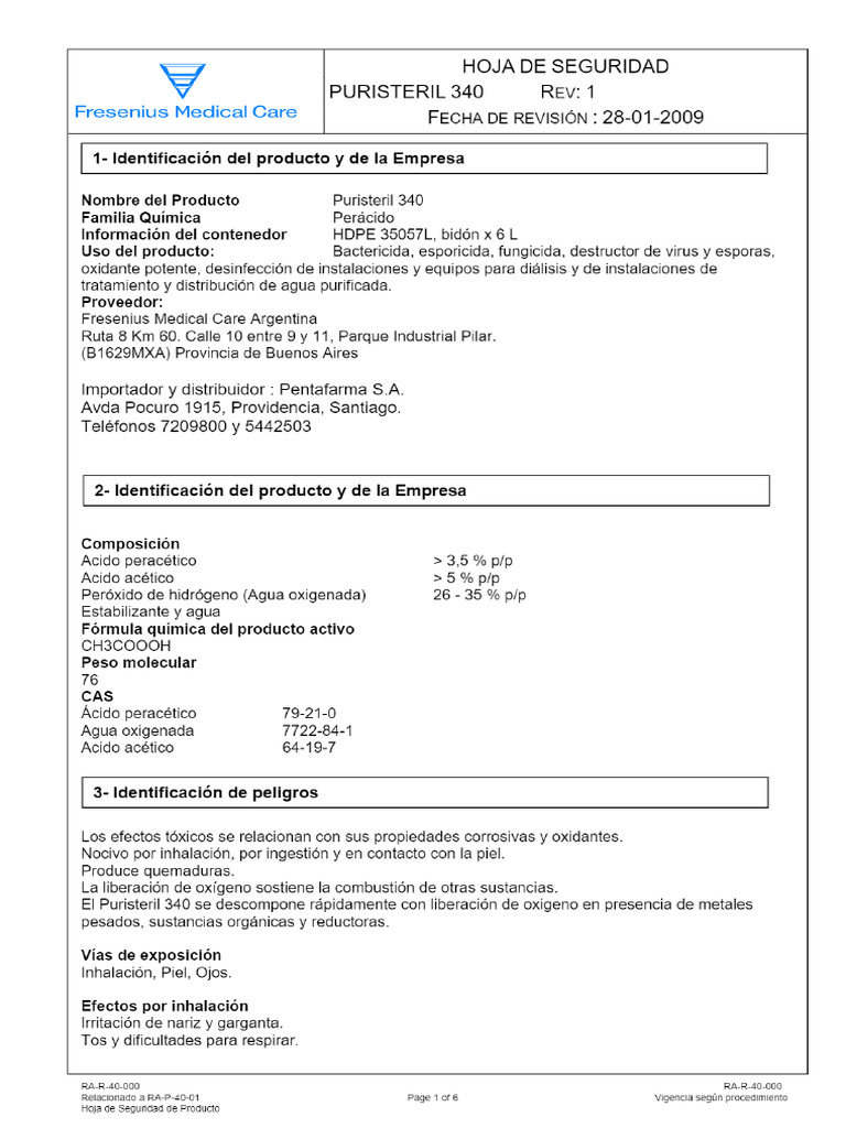 Hoja de Seguridad Puristeril 340 Rev - 1 Fecha de Revisión - PDF ...