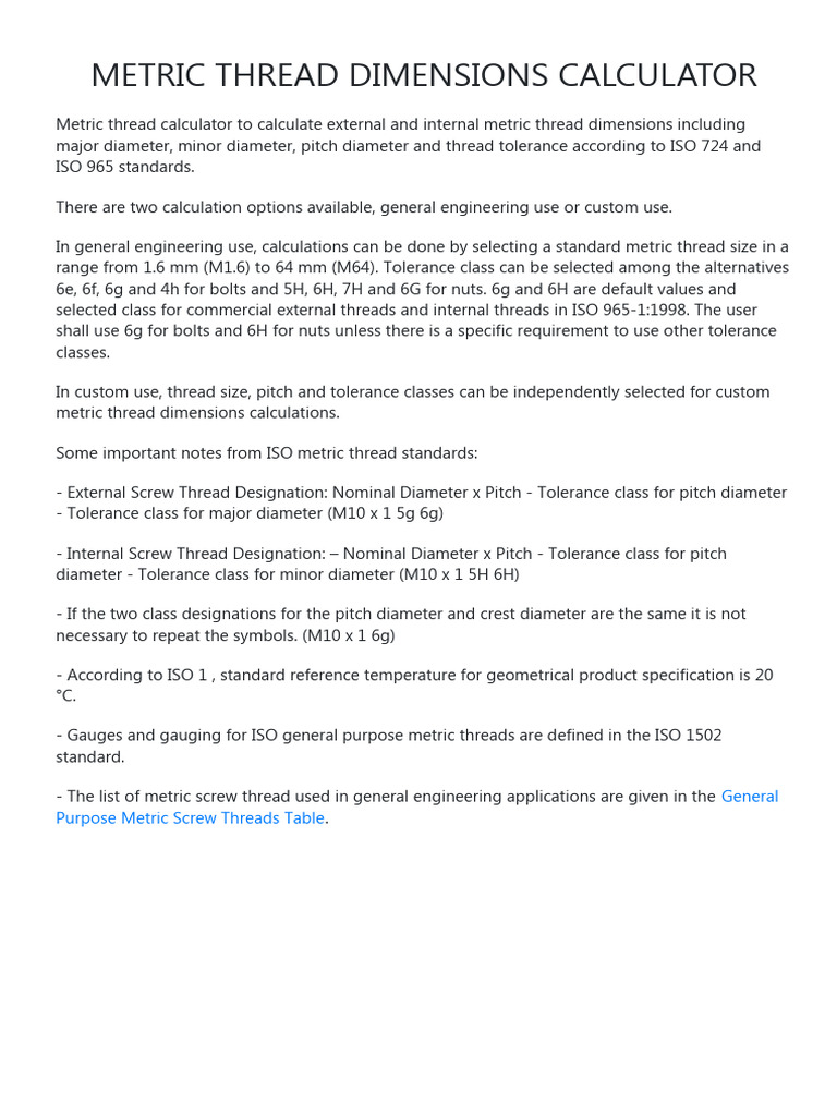 Metric Thread Dimensions Calculator | PDF | Screw | Metalworking
