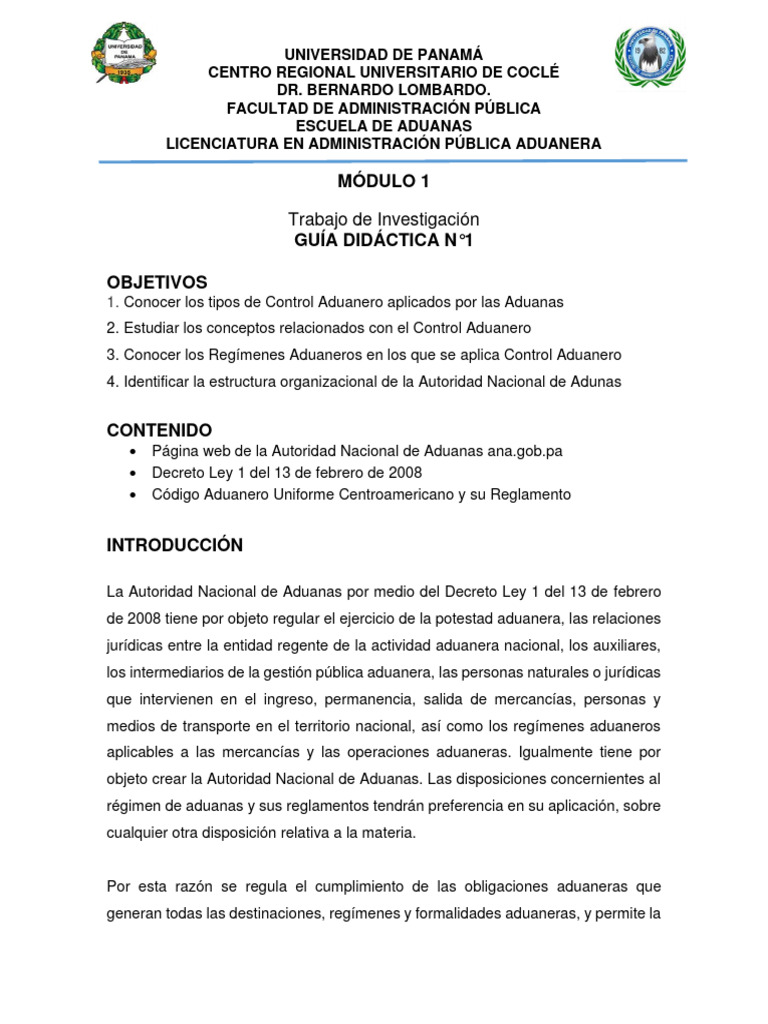 M-DULO 1 GU-A DIDACTICA 1 - Trabajo de Invenstigaci-n | PDF | aduana