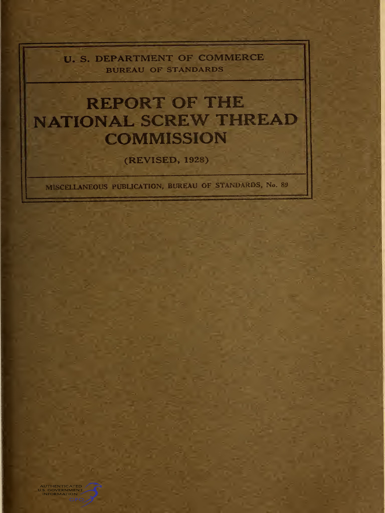 U.S. Department of Commerce Repor of The National Screw Thread ...