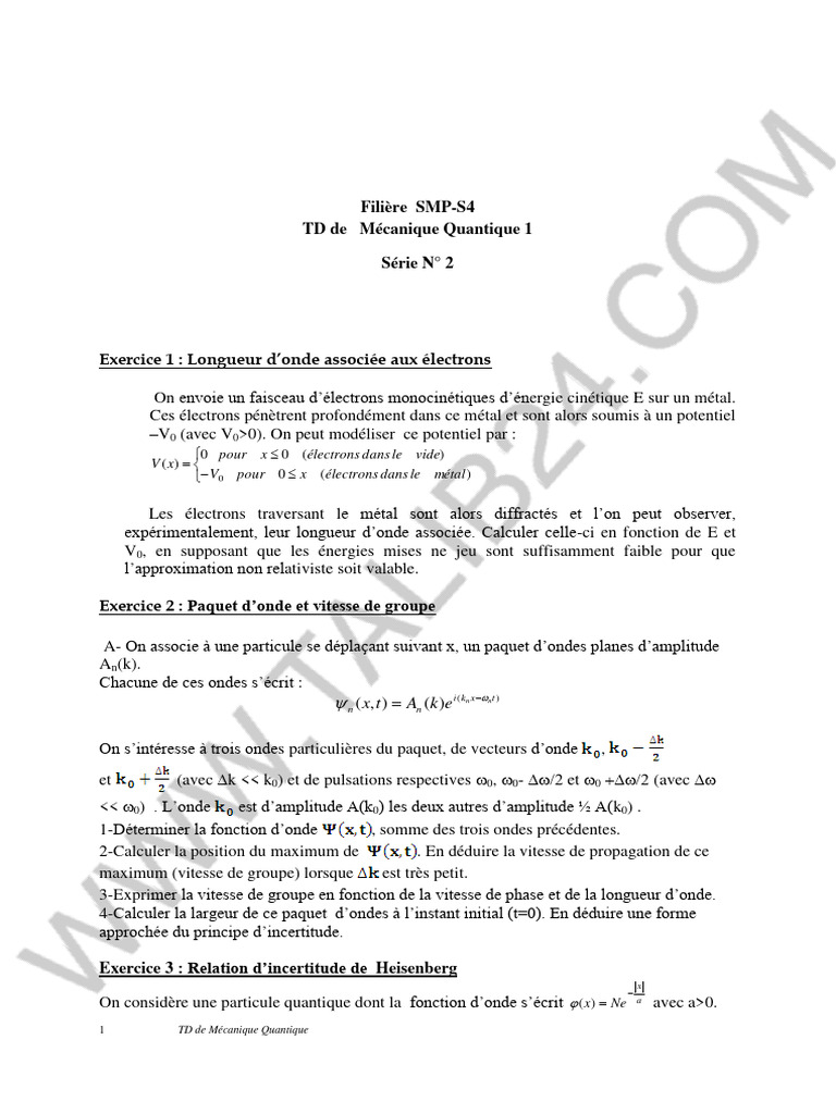 Exercices Corrigés de Mécanique Quantique 1 1 | PDF | Effet tunnel ...