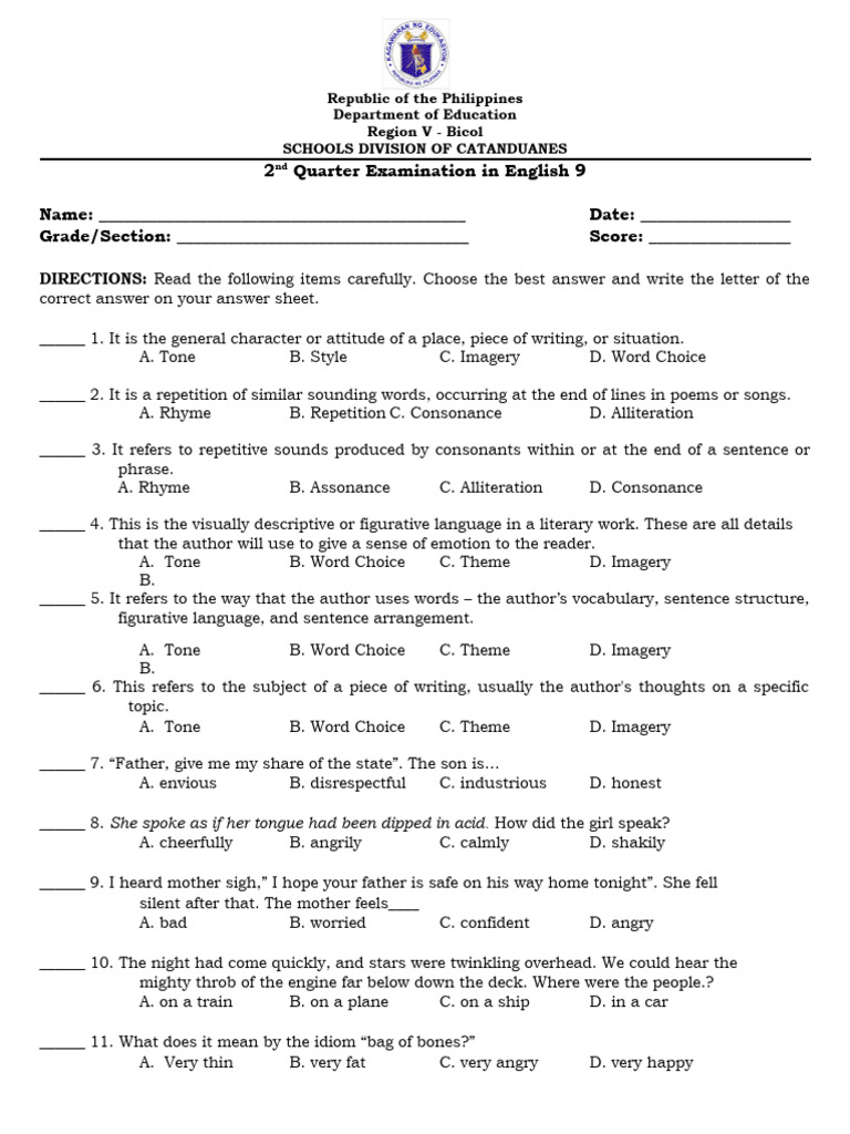 English 9 Second Quarter Exam Revised | PDF | Courage