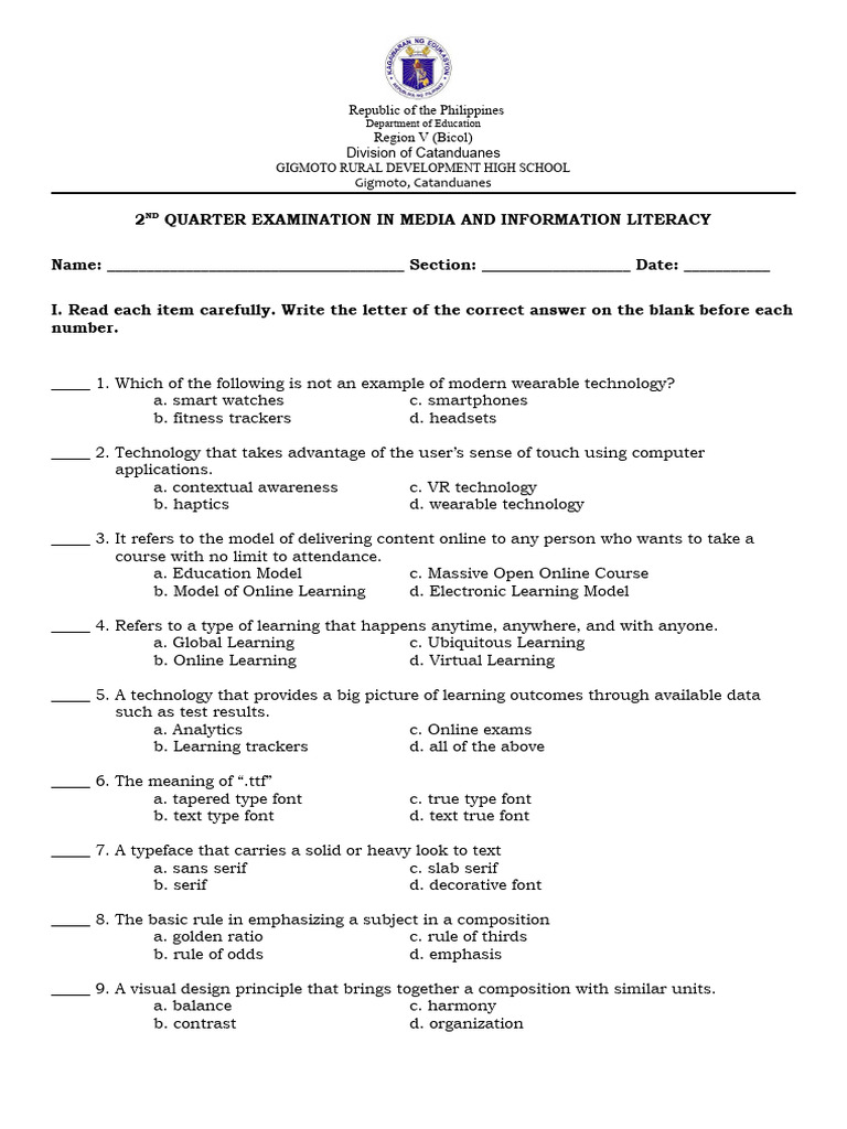 2nd Quarter Exam: Media Literacy Concepts | PDF | Typefaces ...