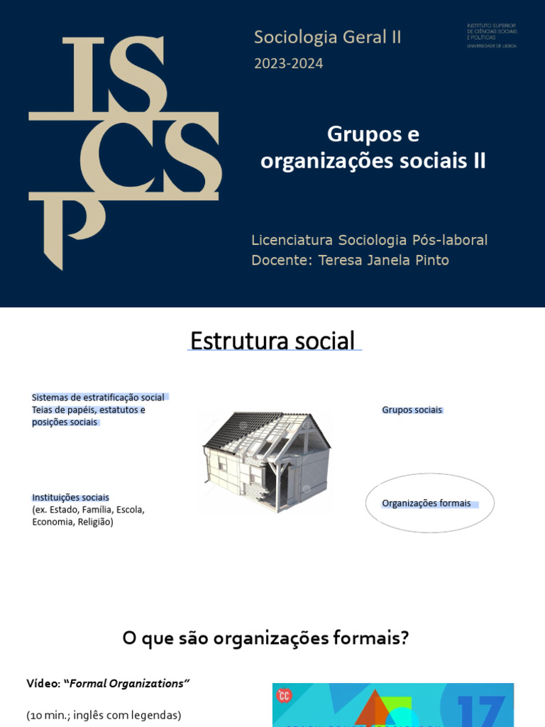 Aula 2 - Grupos e Organizaã Ã Es Sociais II SG II 23-24 | PDF | Sociologia | Burocracia
