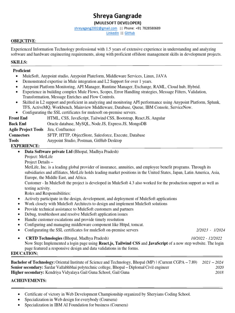 Shreya Resume Css | PDF | Software Development | Information Technology