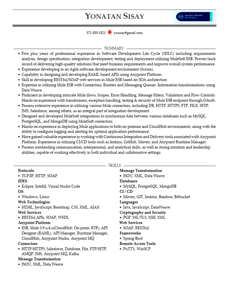 MuleSoft Developer Resume Summary | PDF | Soap | Web Service