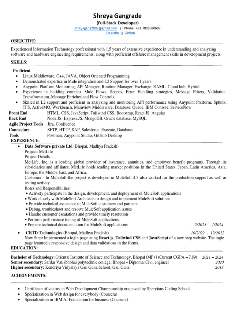 Shreya Resume Cs | PDF | Databases | Computing