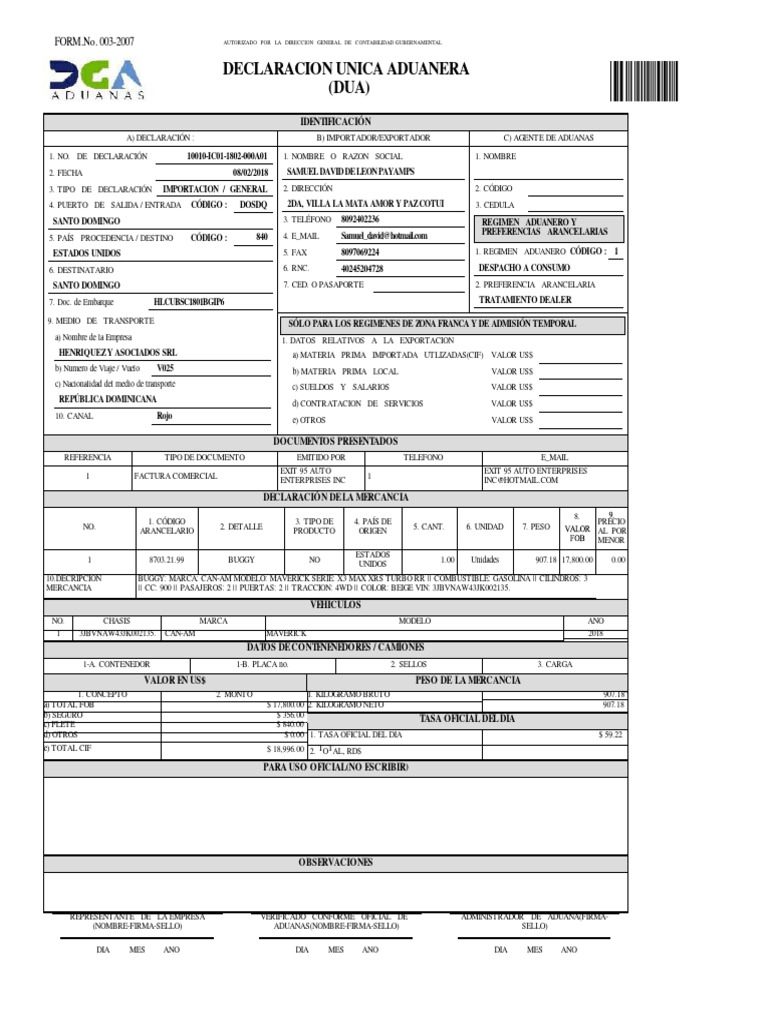 Declaracion Unica Aduanera (DUA) : FORM - No. 003-2007 | PDF | Economias