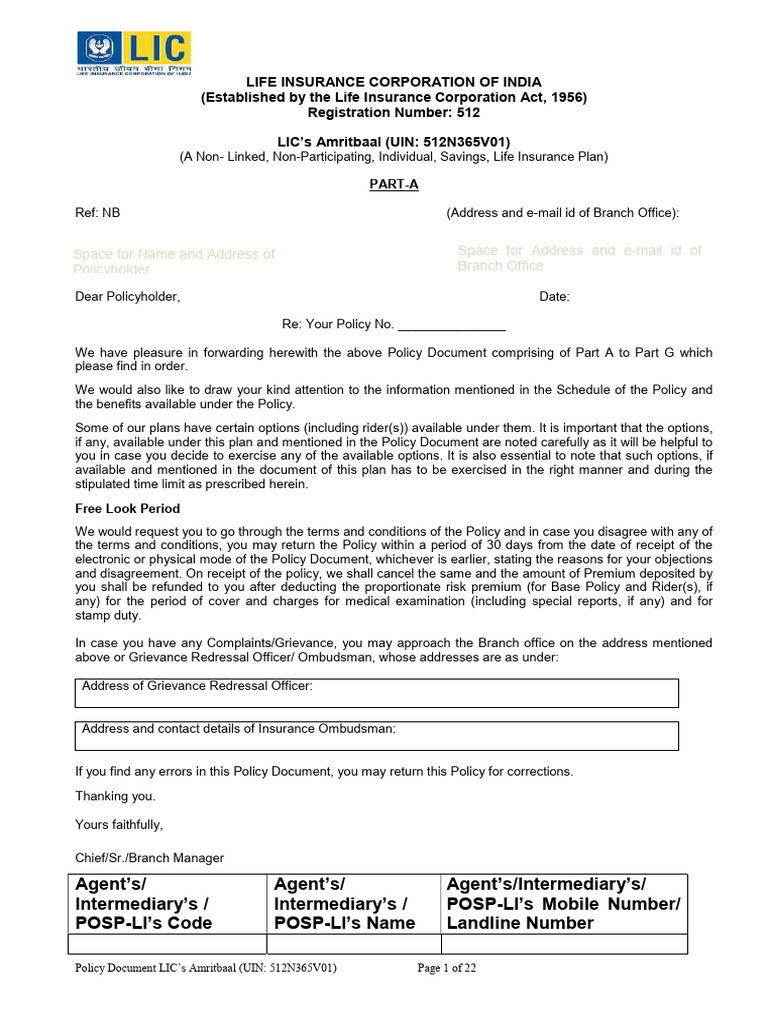 Policy Document LIC's Amritbaal With Logo | PDF | Insurance | Life ...