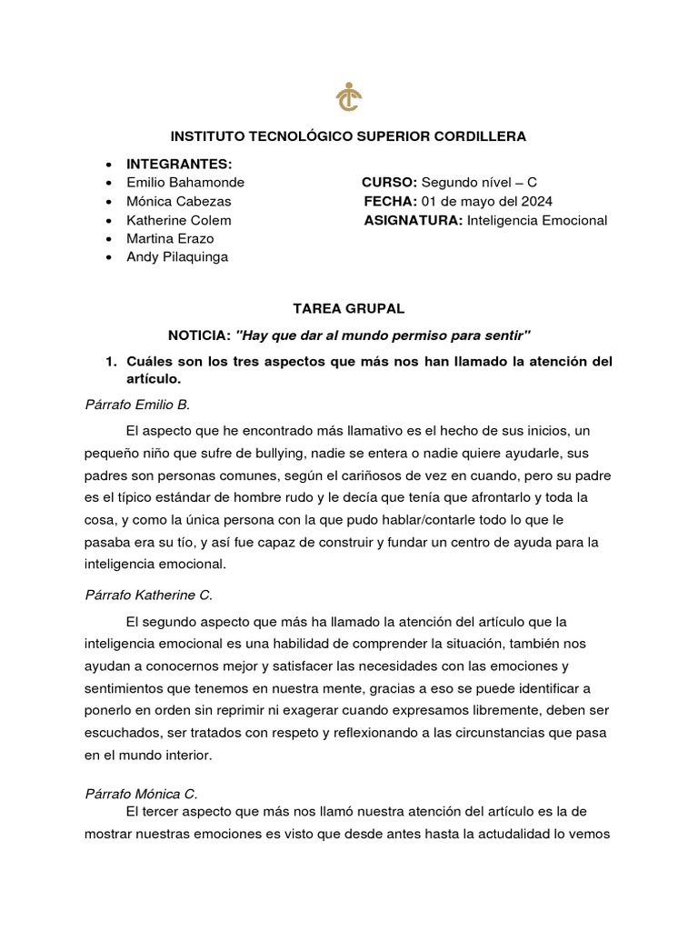 Trabajo Grupal. 2C | Descargar gratis PDF | Las emociones | Sicología
