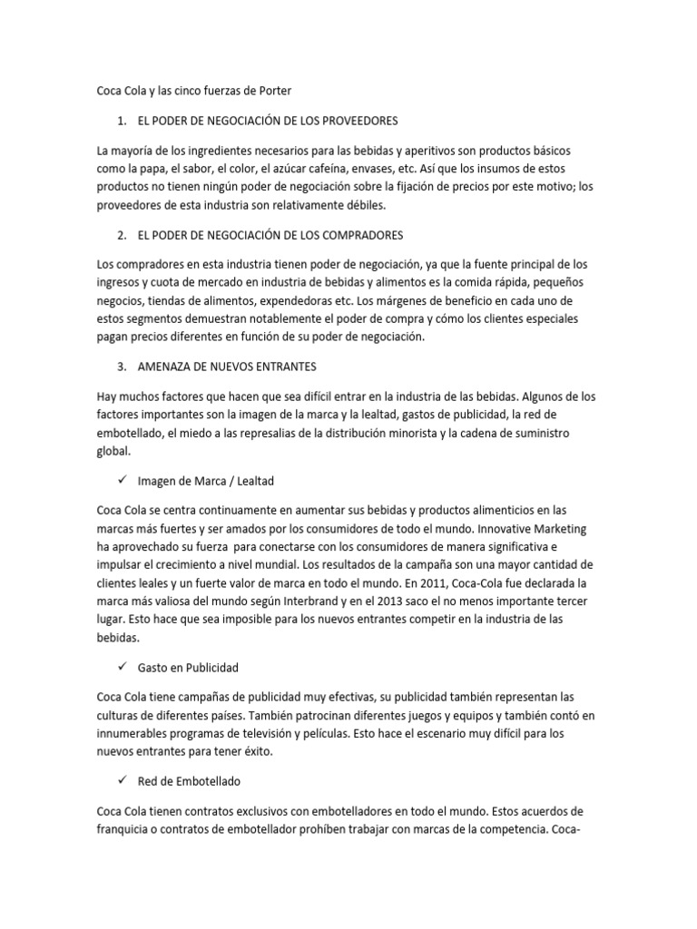Coca Cola y las cinco fuerzas de porter | PDF | Coca Cola | Reajuste ...