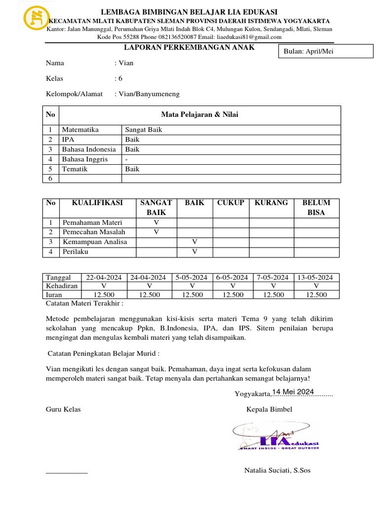 Laporan Perkembangan Vian | PDF | Karier & Perkembangan
