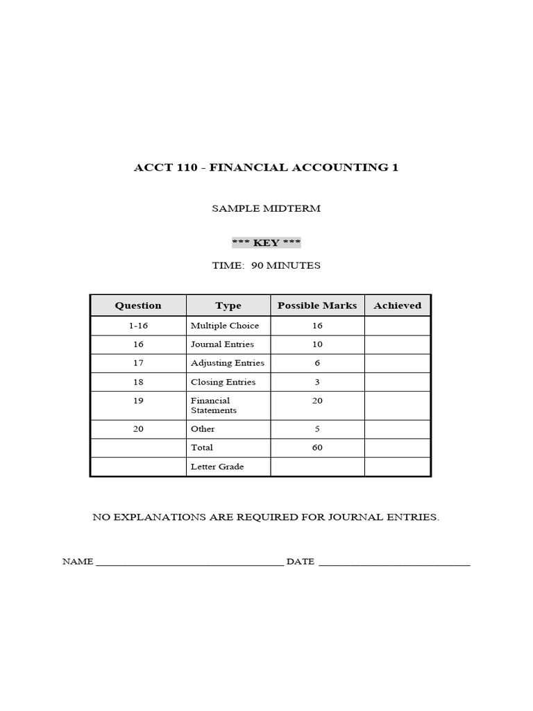 ACCT 110 - Sample Midterm Exam (Key Answers) | PDF | Debits And Credits ... ACCT 110 - Sample Midterm Exam (Key Answers) | PDF | Debits And Credits ...