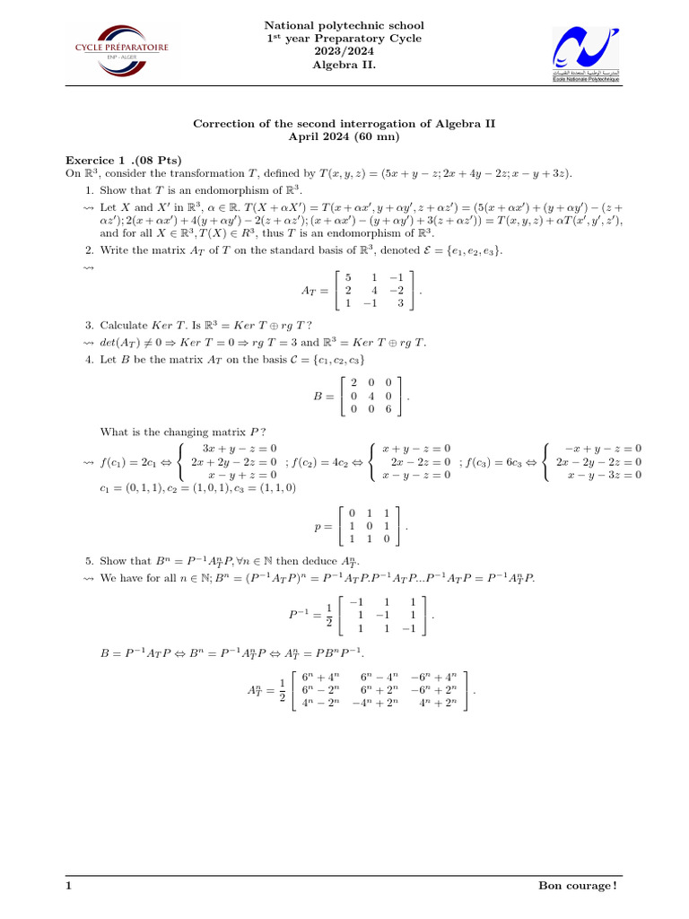 Correction Interrogation 2 ALG2 | PDF | Linear Algebra | Functions And ...