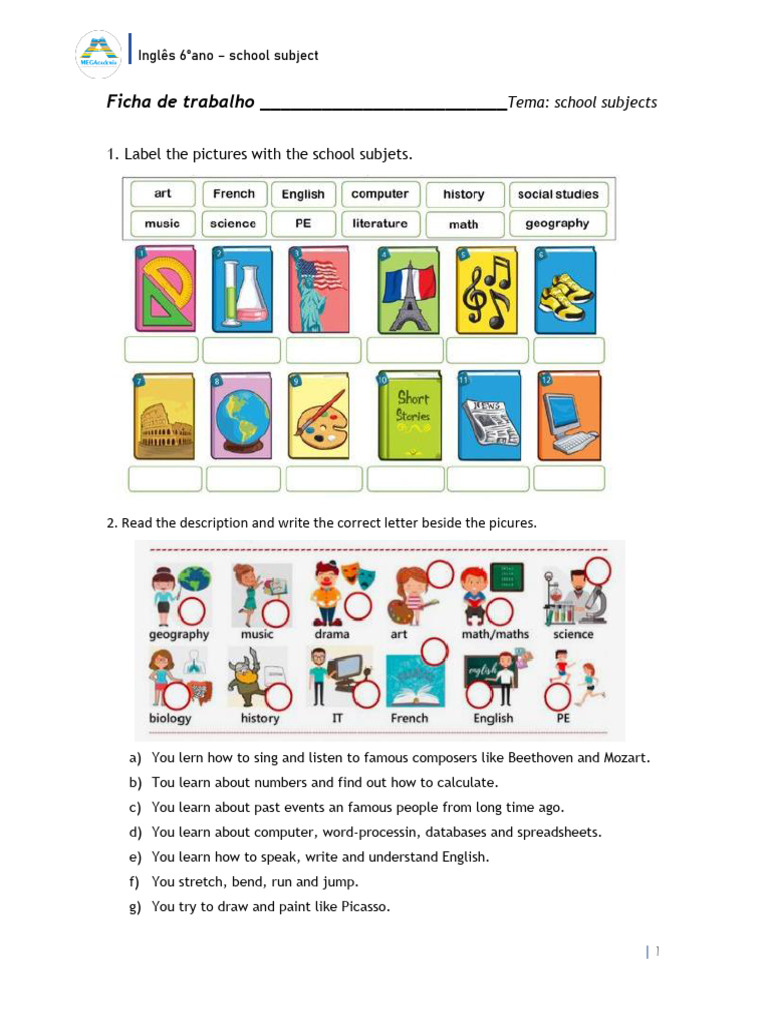 Ficha de Trabalho - Inglês 6º Ano School Subjects | PDF