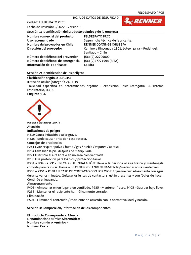 Hoja de Seguridad: Feldespato PRC5 | PDF | Residuos | Agua