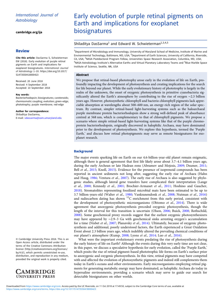 Early Evolution of Purple Retinal Pigments On Earth and Implications ...