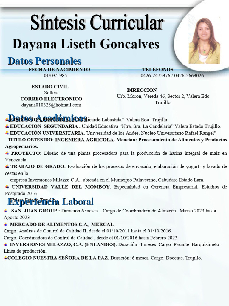 Curriculo Dayana Goncalves | PDF | Almacén | Alimentos Curriculo Dayana Goncalves | PDF | Almacén | Alimentos