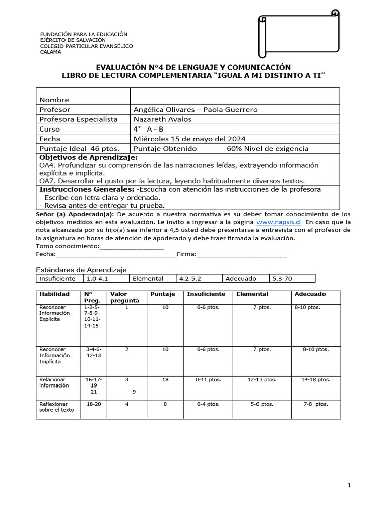 Adecuación Prueba de Lenguaje N°4 Cuartos Básicos mayo | PDF
