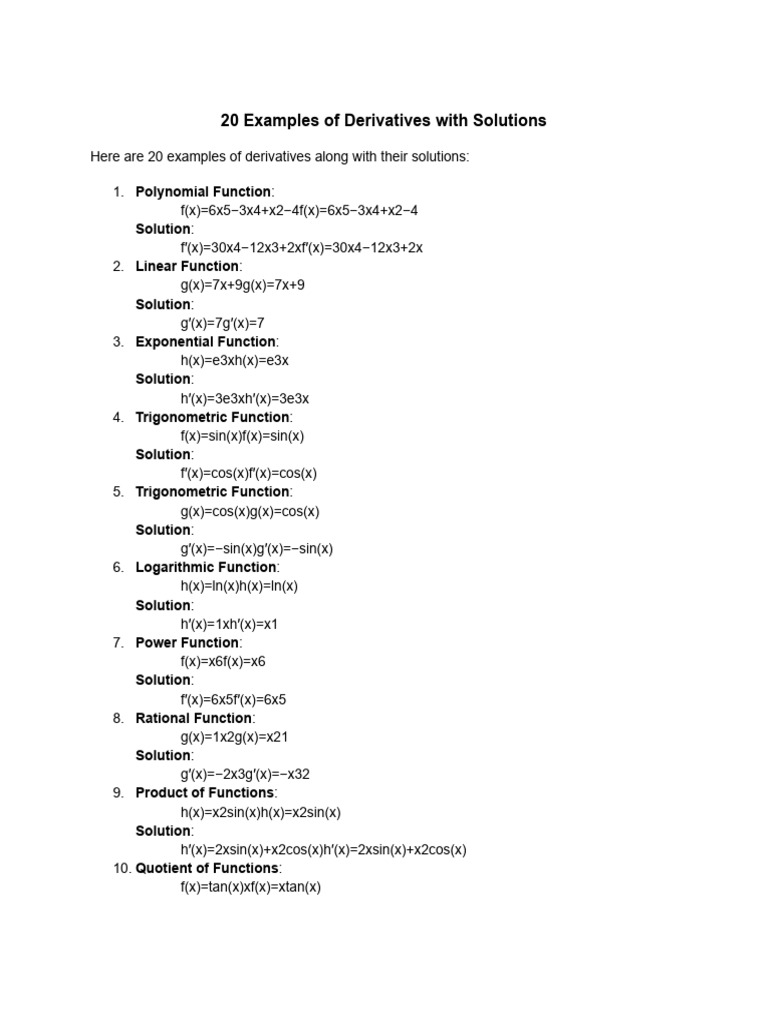 20 Examples of Derivatives With Solutions | PDF | Function (Mathematics ...