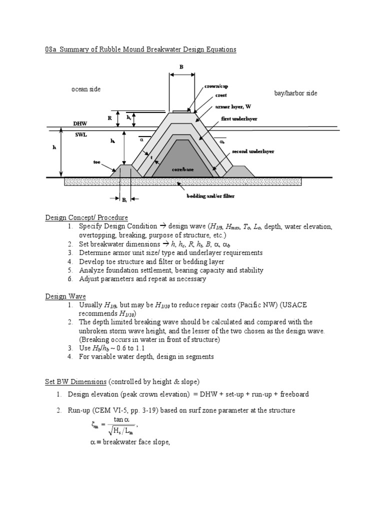 Summary of Rubble Mound Breakwater Design Equations | PDF | Mechanics ...